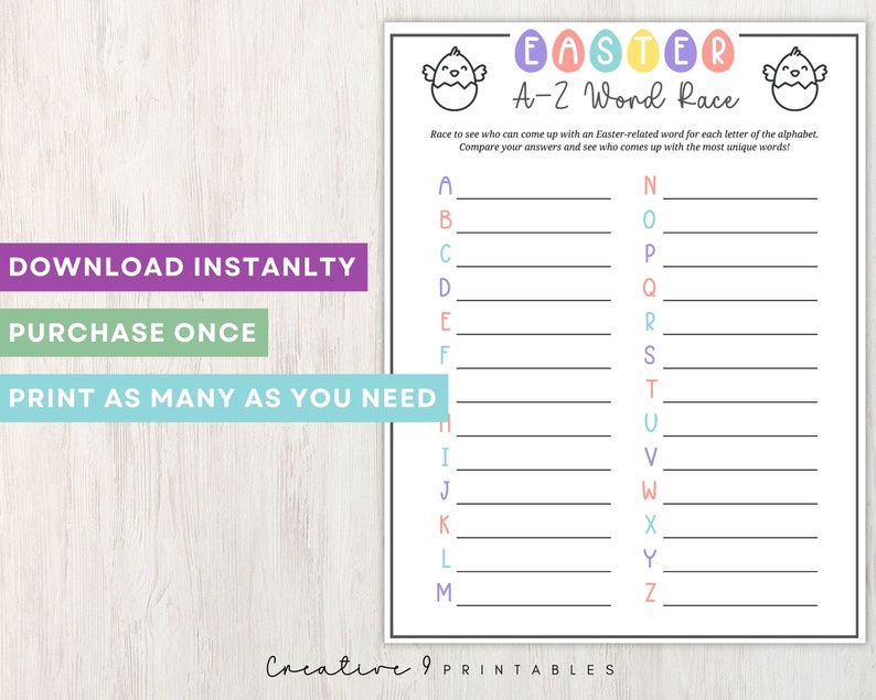 Printable Easter A to Z Game for Kids and Adults, Easter A-Z Word Race ...