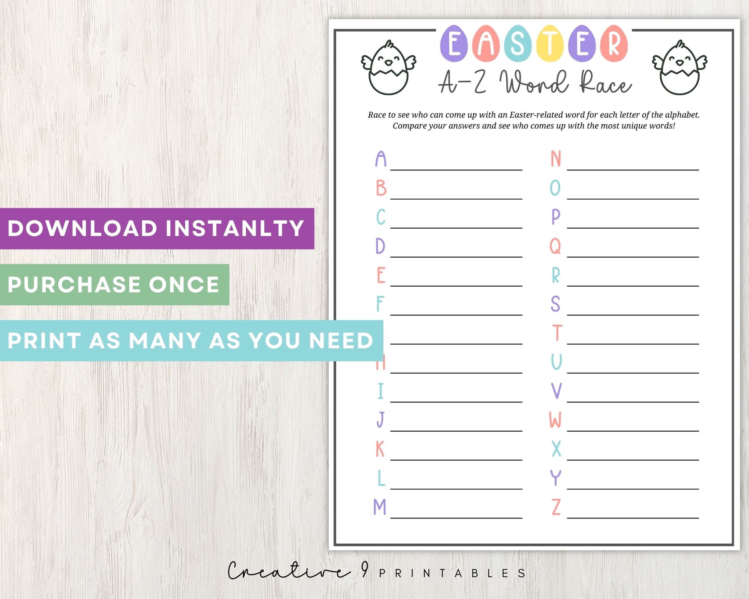 Printable Easter A to Z Game for Kids and Adults, Easter A-Z Word Race ...