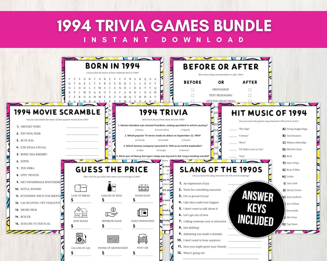 1994 Trivia Bundle for Adults, 7 Fun Printable 31st Birthday Party ...