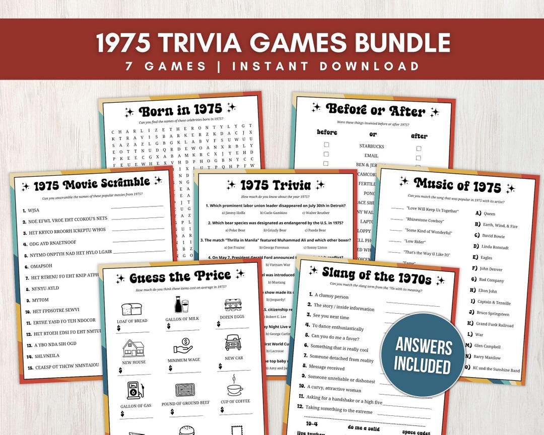 1975 Trivia Game Bundle, 50th Birthday Party Game, 50th Anniversary ...