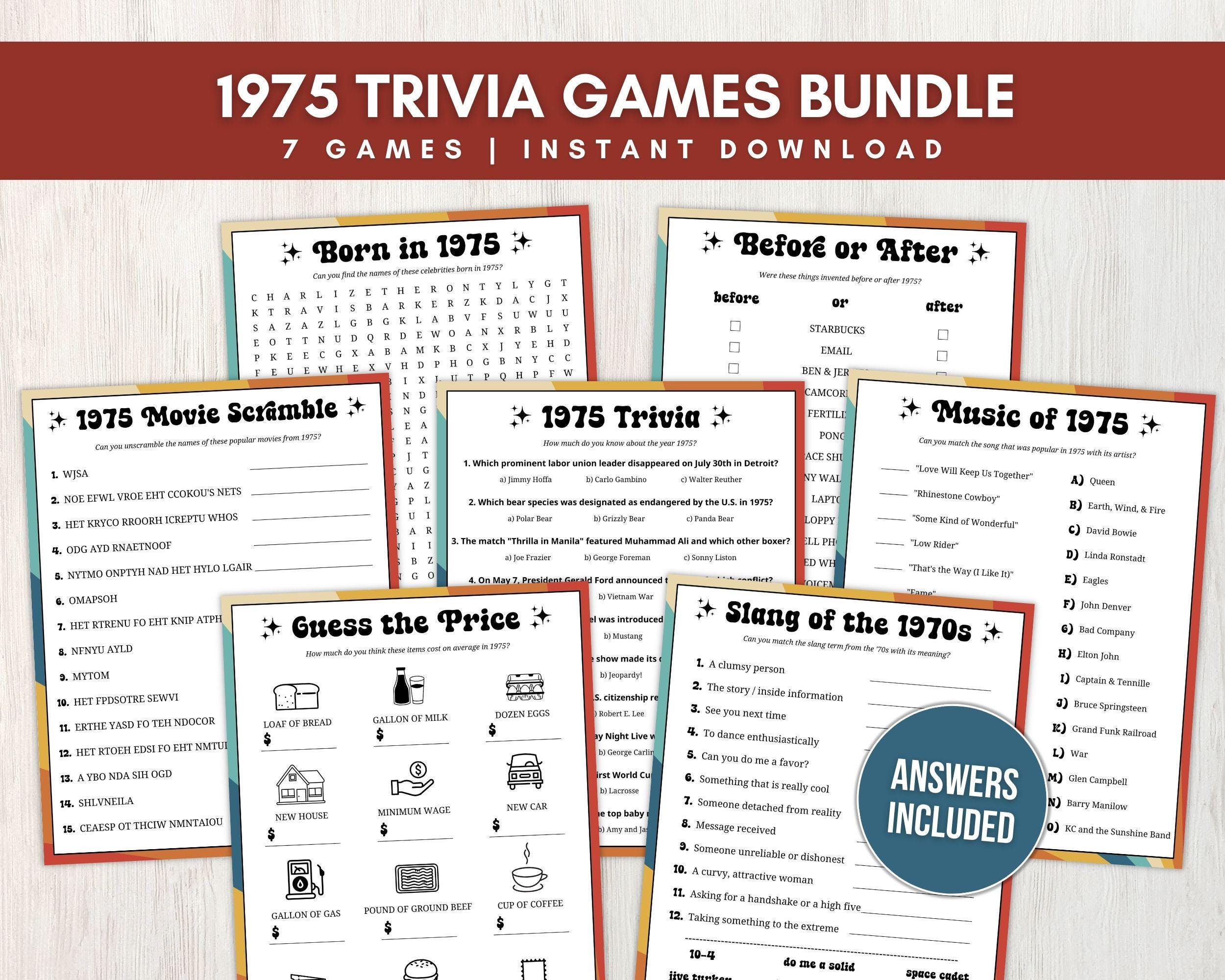 1975 Trivia Game Bundle, 50th Birthday Party Game, 50th Anniversary ...