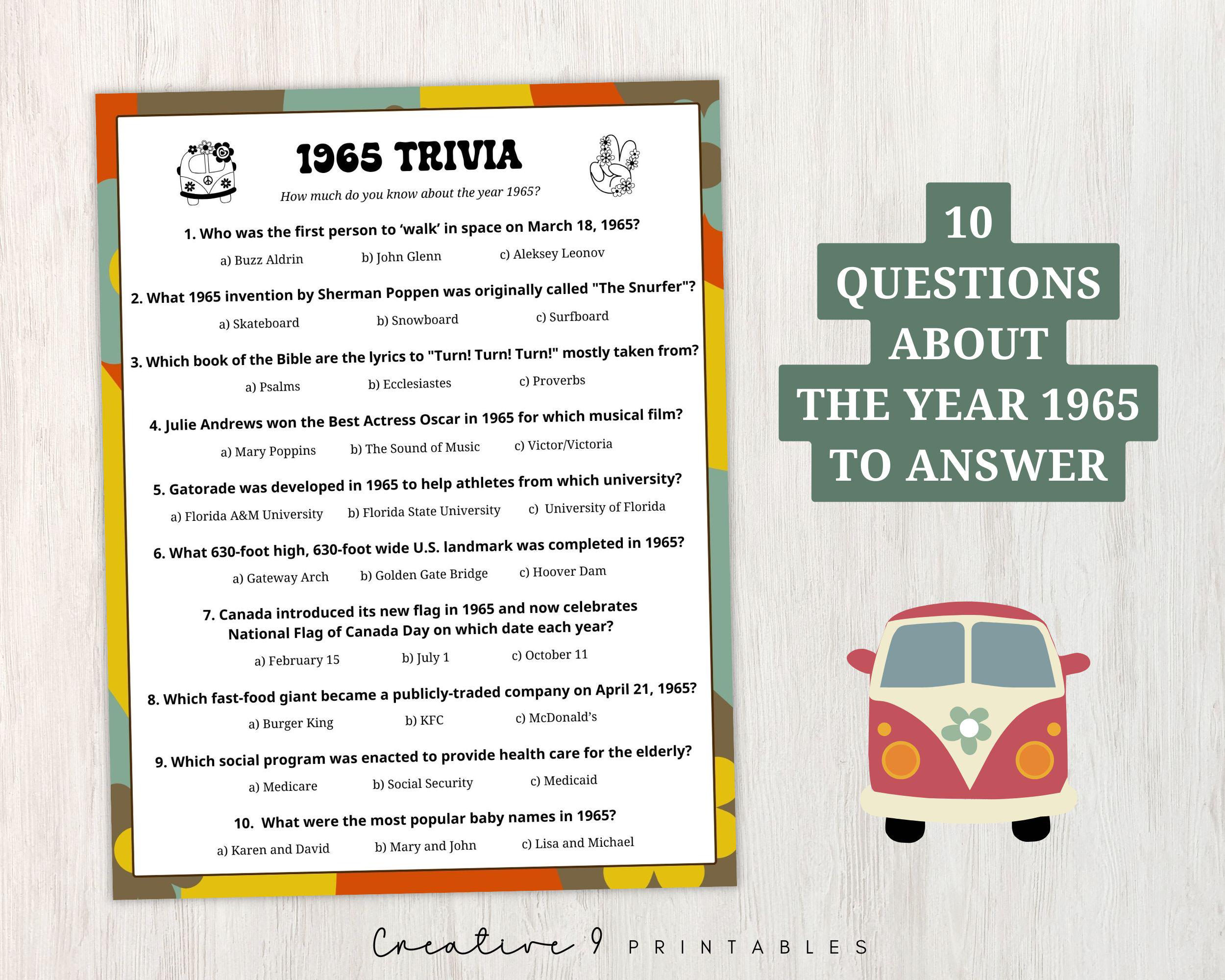 1965 Trivia With Answers, 60th Birthday Party, 60th Anniversary, Born ...