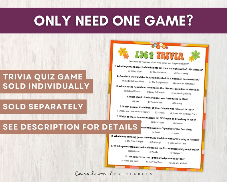1964 Trivia Game Bundle for Adults, Seven Fun Printable 61st Party ...
