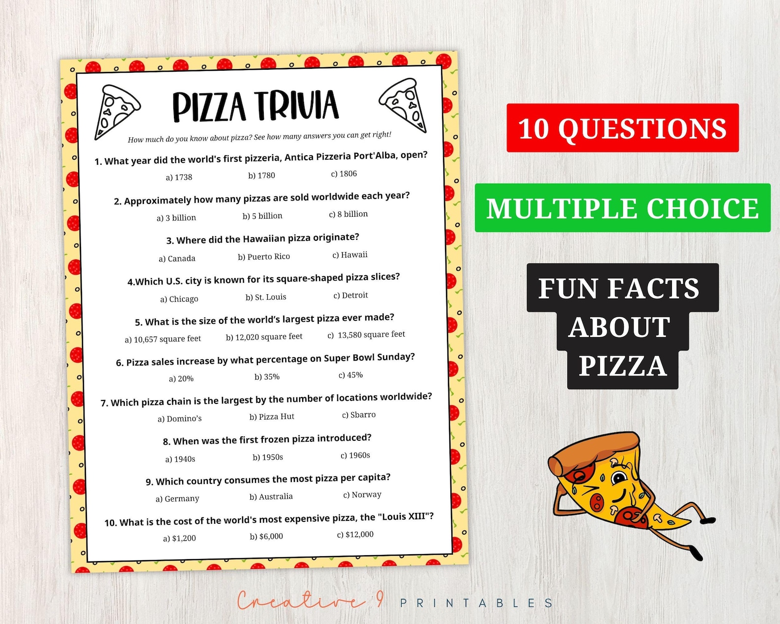 Pizza Trivia Printable Game for Kids and Adults, 10 Pizza Questions ...