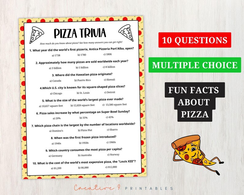 Pizza Trivia Printable Game for Kids and Adults, 10 Pizza Questions ...