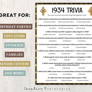 1934 Trivia With Answers, Printable 91st Birthday Game, 10 Fun Quiz ...
