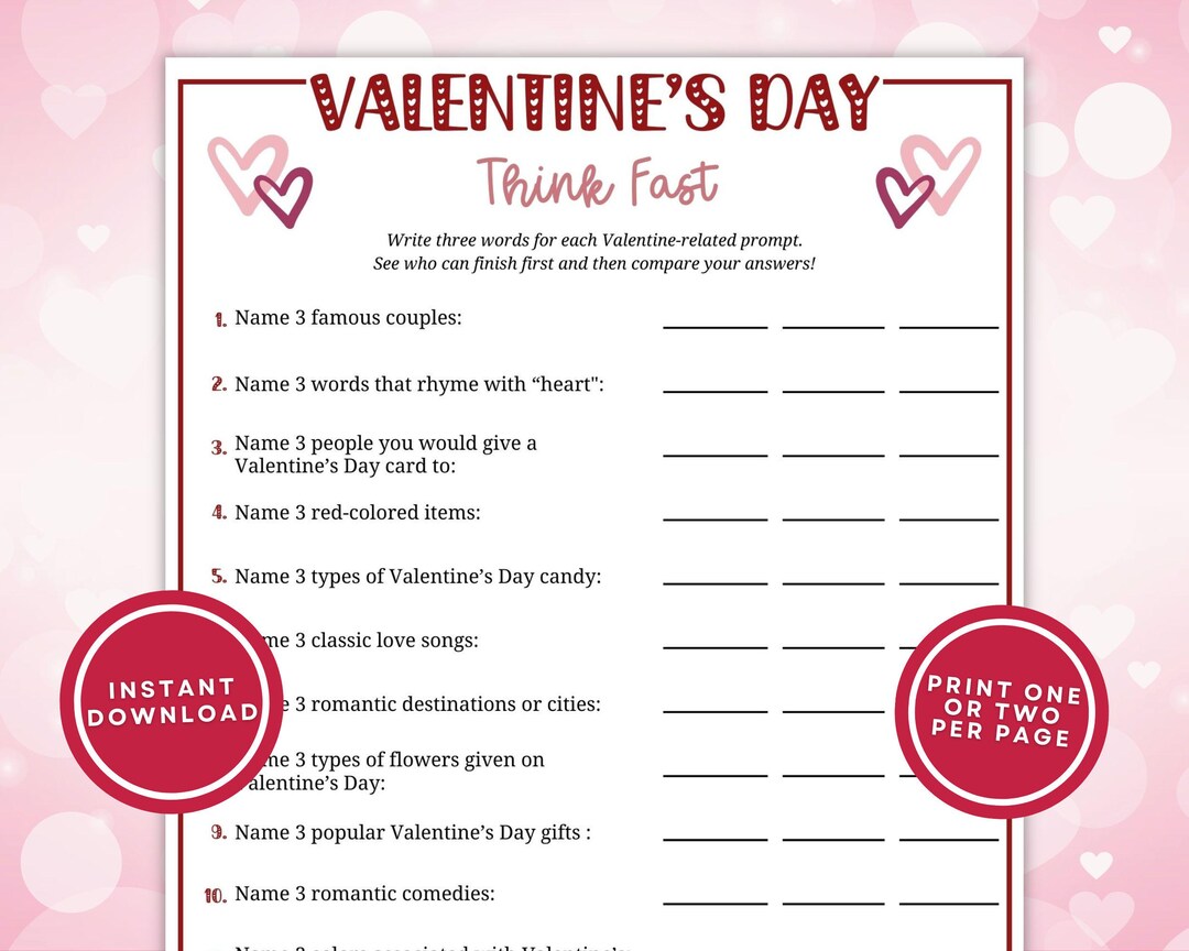 Valentine Think Fast Game for Kids and Adults, Printable Think Quick ...