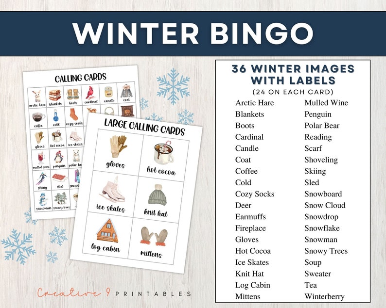 Printable Winter Bingo Game for Kids and Adults, 50 Bingo Cards and ...