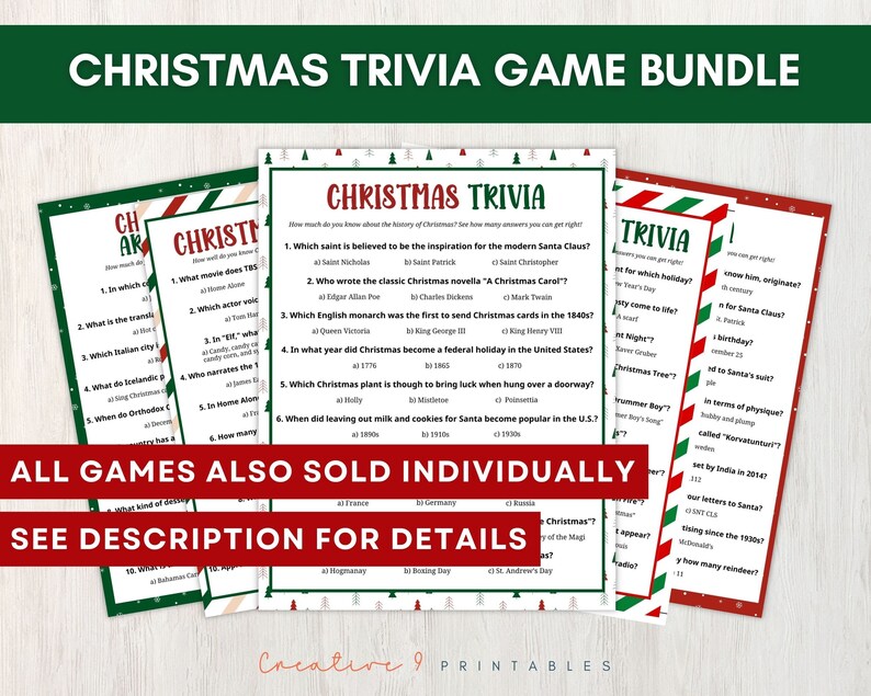 Printable Christmas Trivia Game Pack for Adults and Kids, 5 Christmas ...