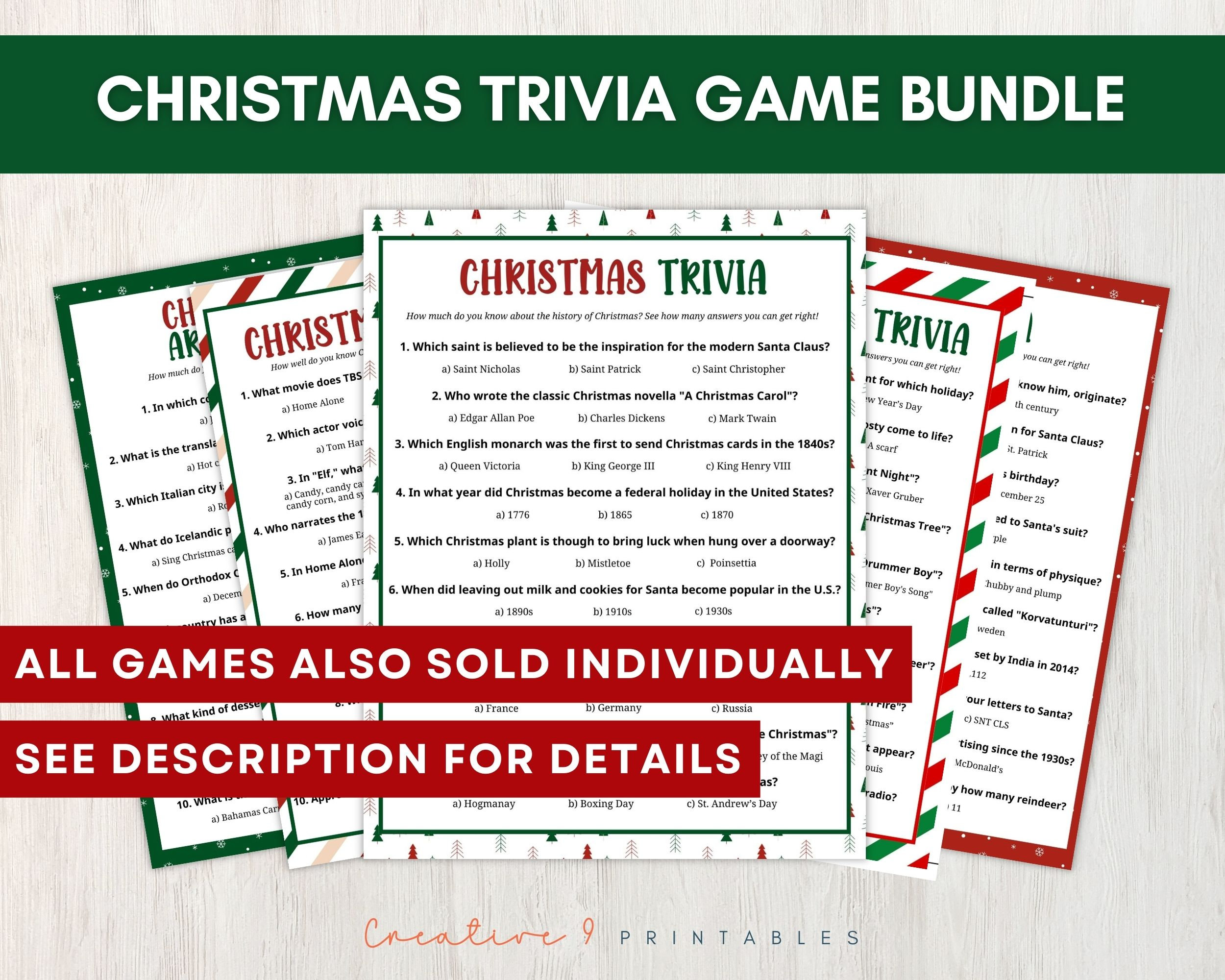 Printable Christmas Trivia Game Pack for Adults and Kids, 5 Christmas ...