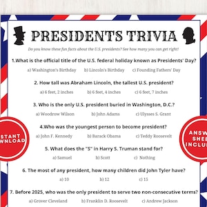 Presidents' Day Trivia Printable Game for Adults and Kids, 10 Fun Facts ...