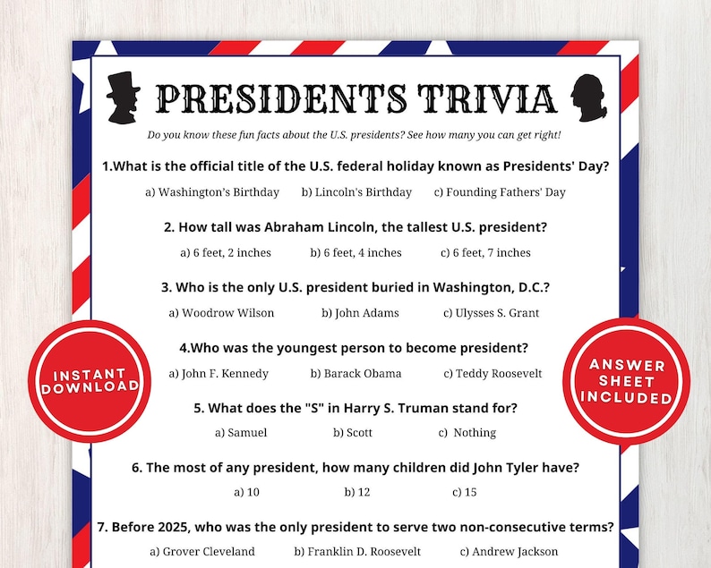 Presidents' Day Trivia Printable Game for Adults and Kids, 10 Fun Facts ...