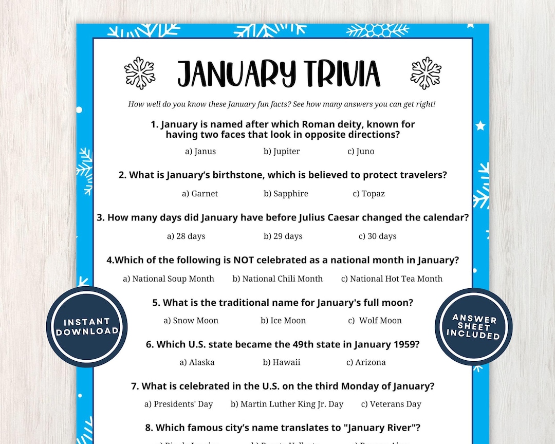 January Trivia Printable Game for Kids and Adults, 10 Fun Facts Quiz ...