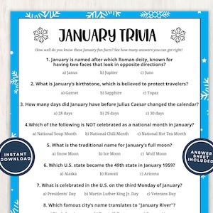 January Trivia Printable Game for Kids and Adults, 10 Fun Facts Quiz ...