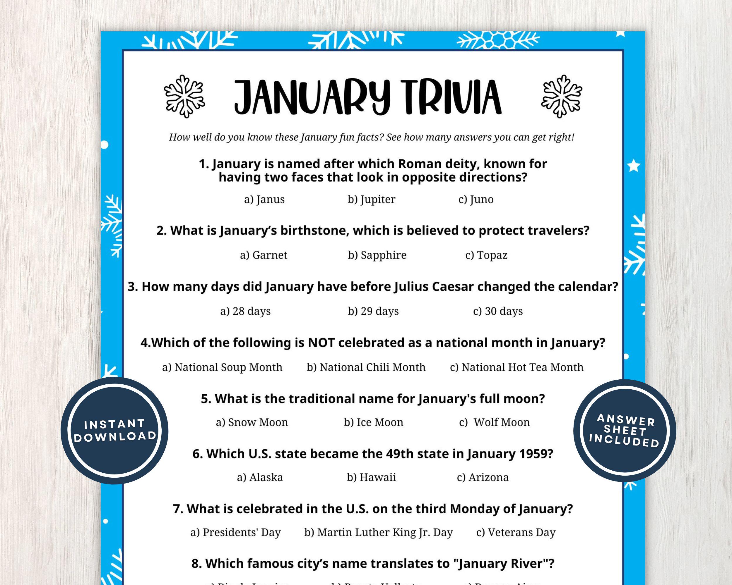 January Trivia Printable Game for Kids and Adults, 10 Fun Facts Quiz ...