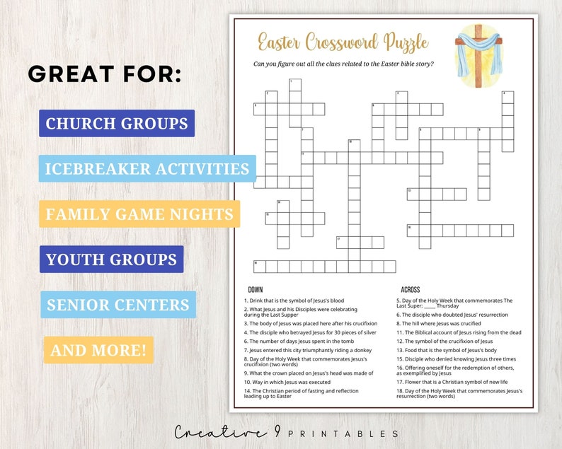Christian Easter Crossword Puzzle for Adults and Kids, Fun Printable ...