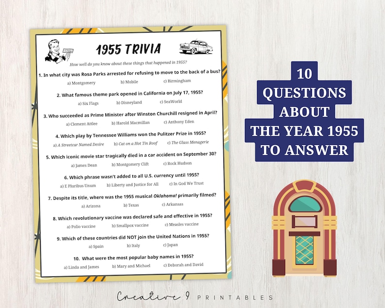 1955 Trivia With Answers, Printable 70th Birthday Game, 10 Fun Quiz ...