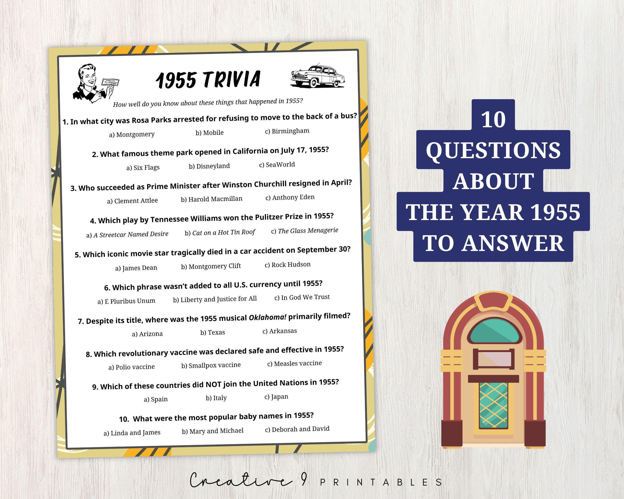 1955 Trivia With Answers, Printable 70th Birthday Game, 10 Fun Quiz ...