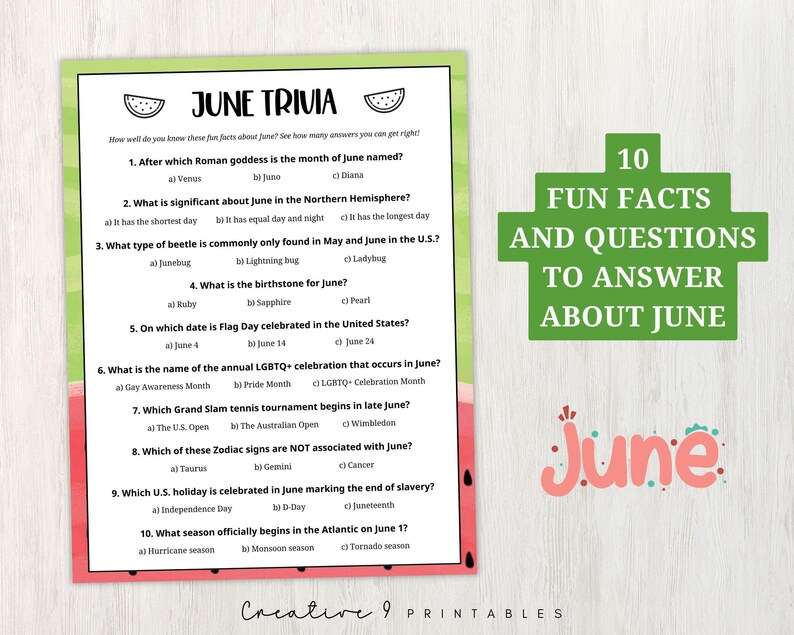 June Trivia Printable Game for Kids and Adults, 10 Fun Facts Quiz ...
