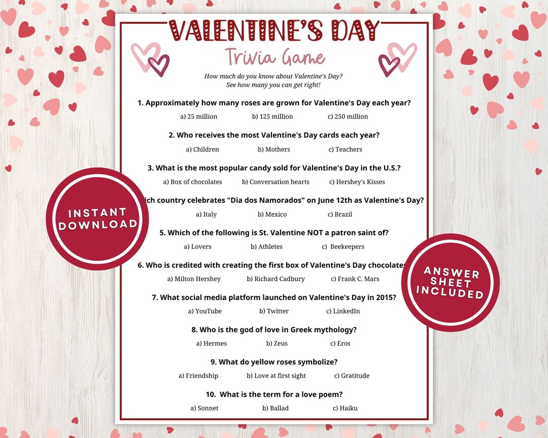 Valentine's Day Trivia Printable Game for Kids and Adults, 10 Fun ...
