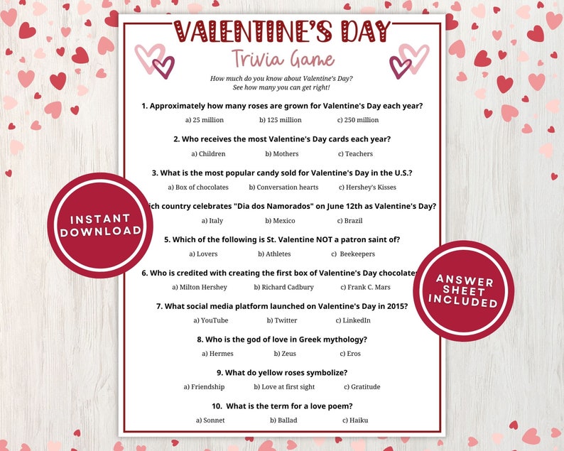 Valentine's Day Trivia Printable Game for Kids and Adults, 10 Fun ...