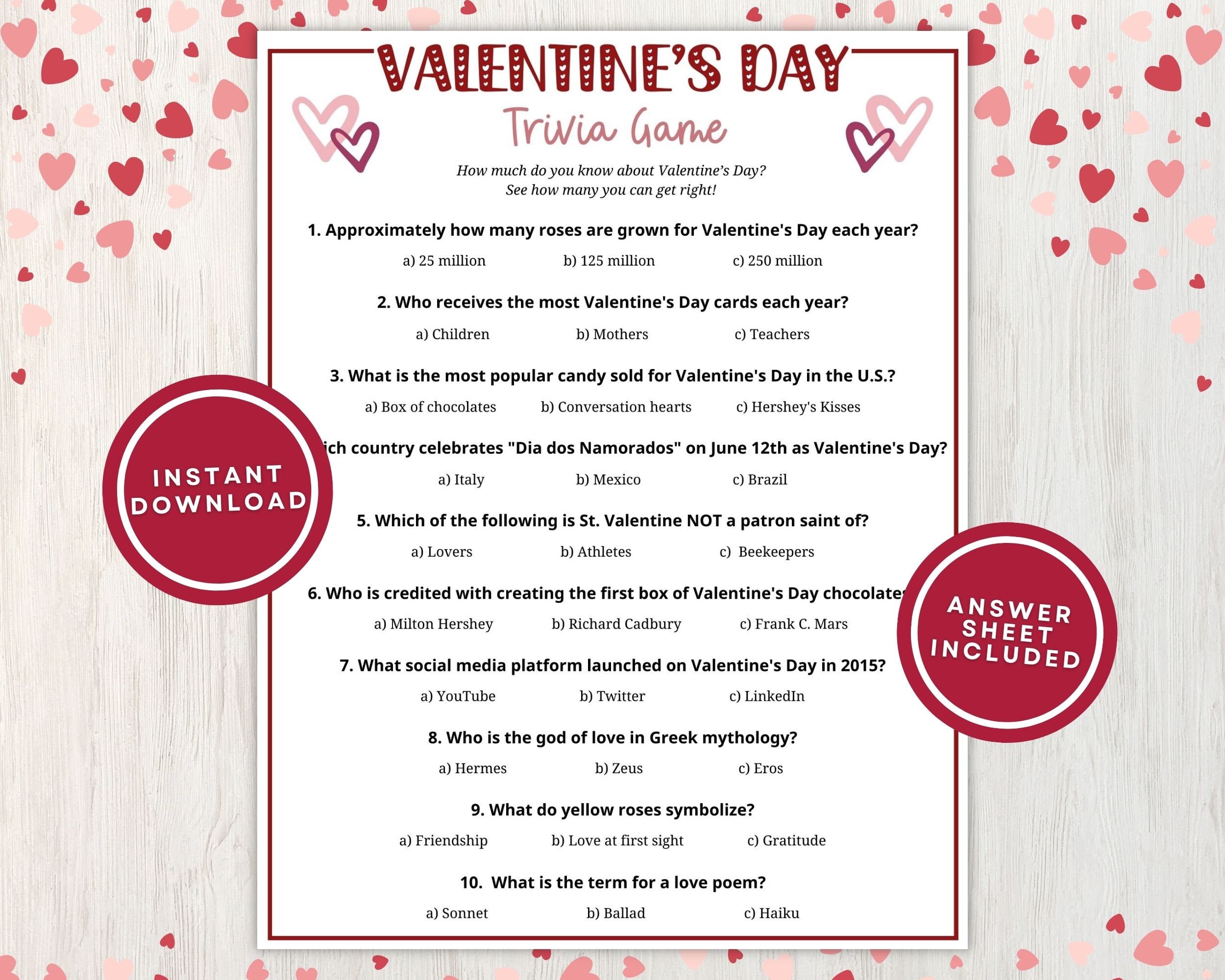 Valentine's Day Trivia Printable Game for Kids and Adults, 10 Fun ...