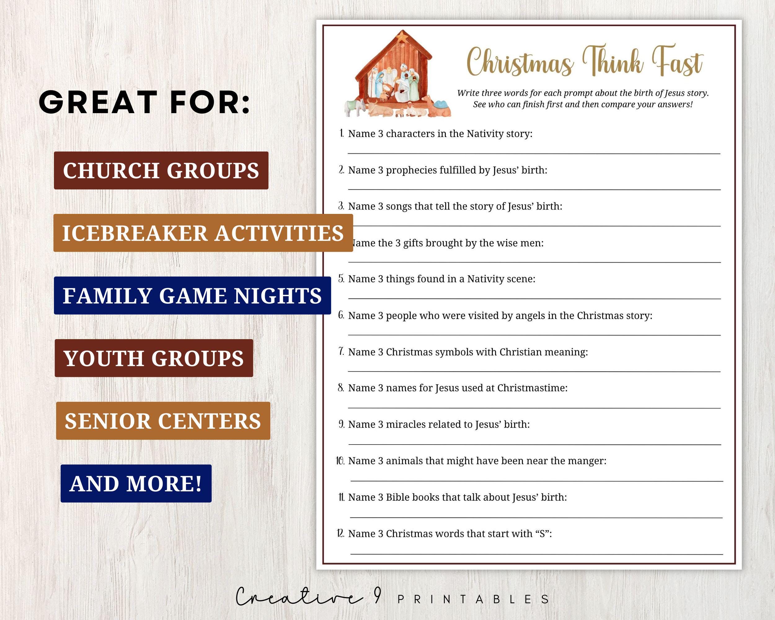 Christian Christmas Think Fast Printable Game, Think Quick Icebreaker ...