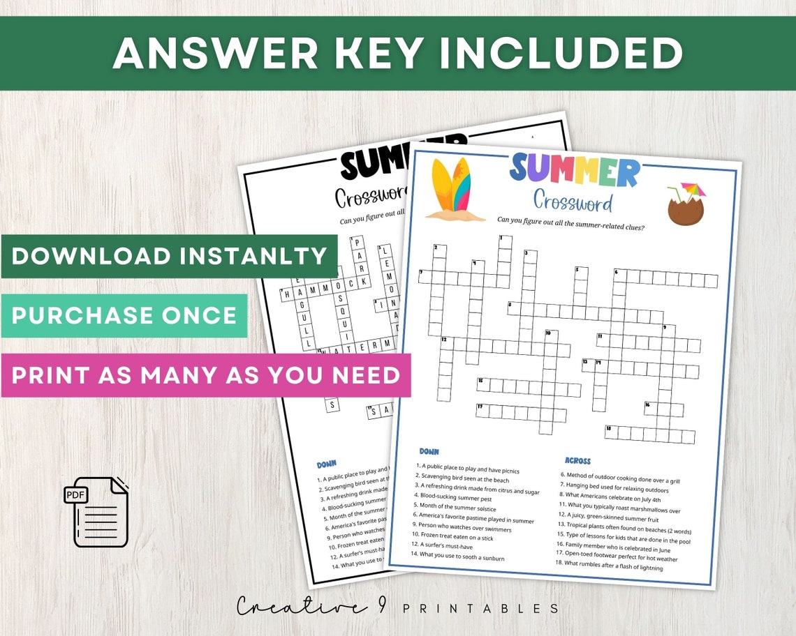 Summer Crossword Puzzle for Kids and Adults, Fun Printable Summertime ...