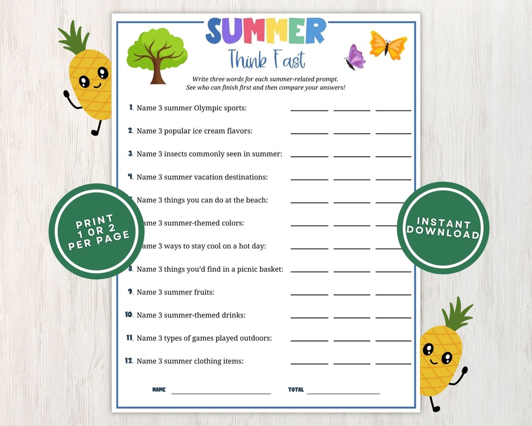 Summer Think Fast Printable Game for Kids and Adults, Think Quick ...