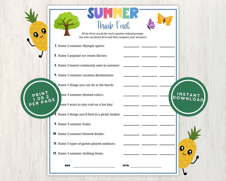 Summer Think Fast Printable Game for Kids and Adults, Think Quick ...