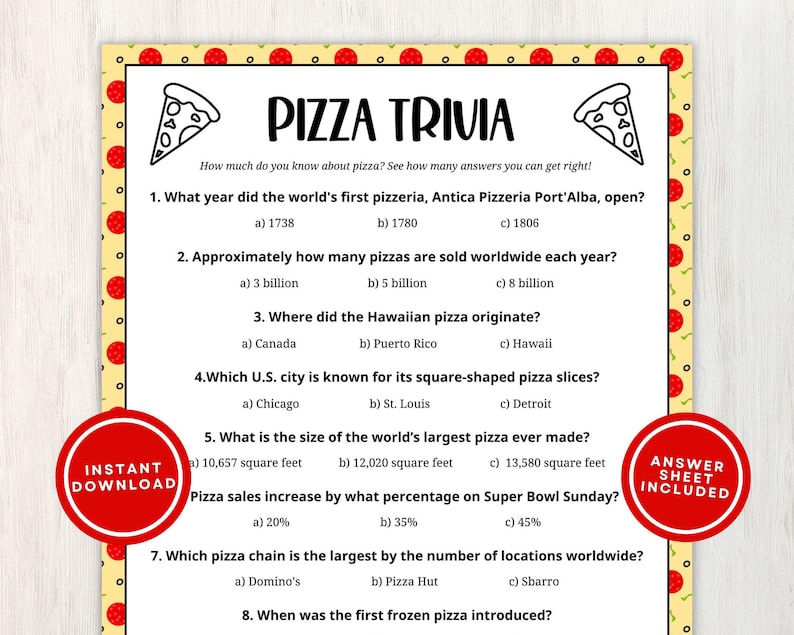 Pizza Trivia Printable Game for Kids and Adults, 10 Pizza Questions ...