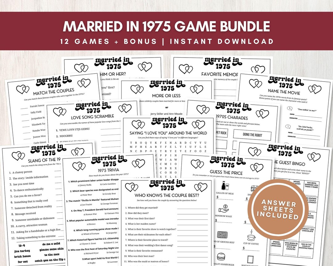 Married in 1975 Trivia Game Bundle for Adults, 12 Printable Party Games ...
