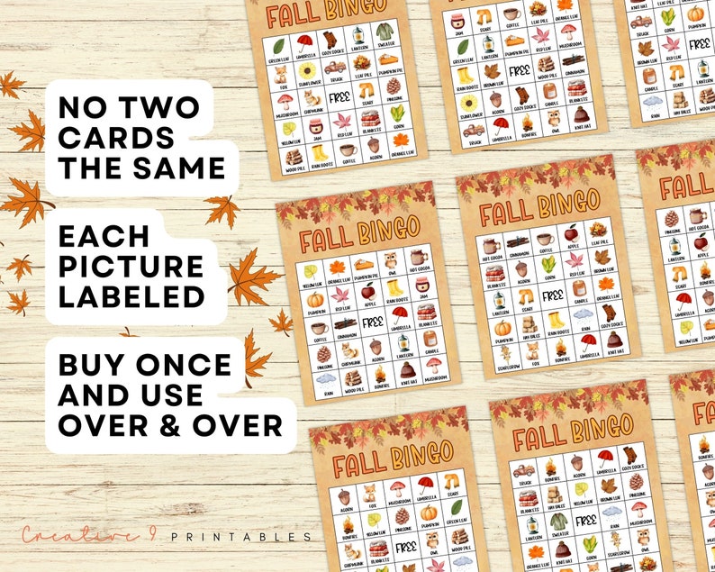 Printable Fall Bingo, 30 Fall Bingo Cards, Fall Party Game, Bingo Game ...