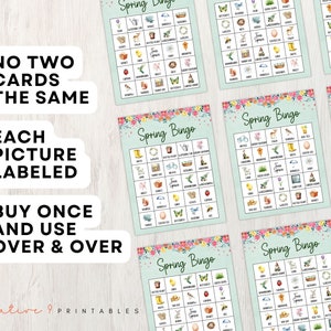 Spring Bingo Game Boards for Kids and Adults, 30 Printable Spring ...