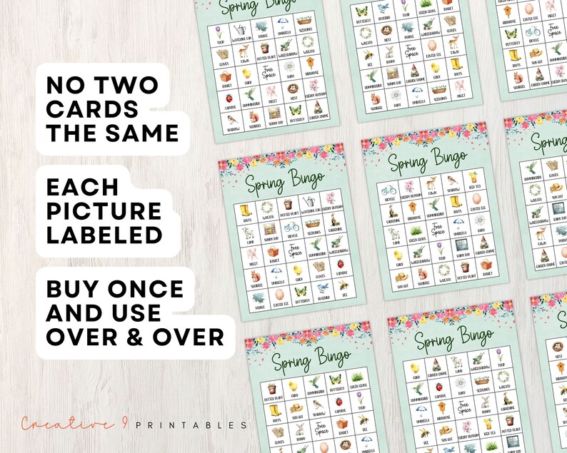 Spring Bingo Game Boards for Kids and Adults, 30 Printable Spring ...