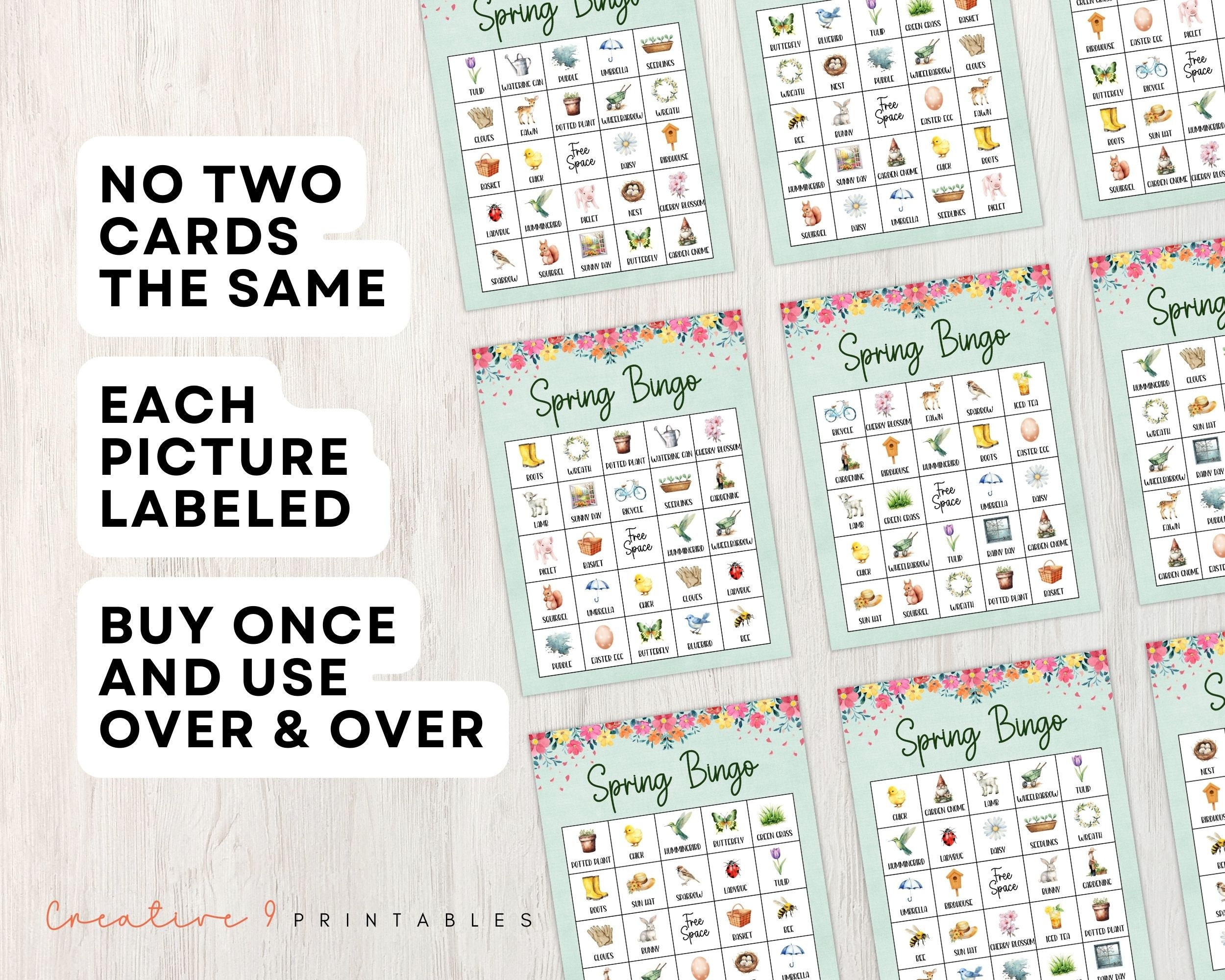 Spring Bingo Game Boards for Kids and Adults, 30 Printable Spring Theme ...
