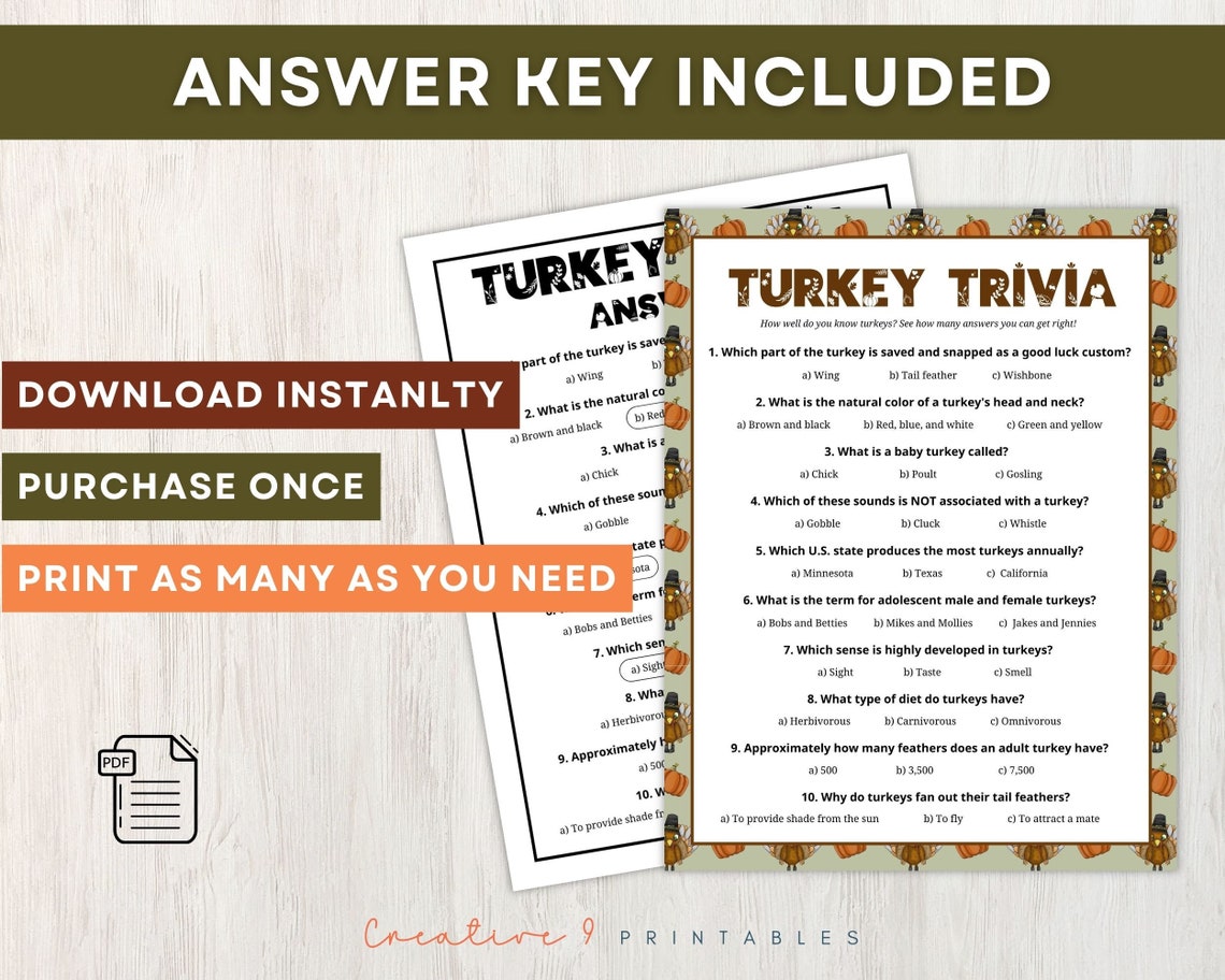 Printable Turkey Trivia Game for Kids and Adults, 10 Thanksgiving ...
