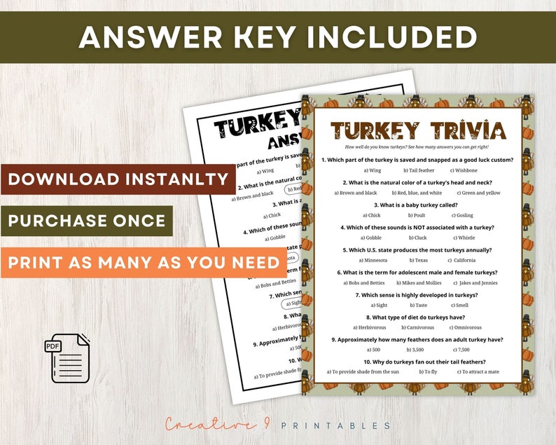 Printable Turkey Trivia Game for Kids and Adults, 10 Thanksgiving ...