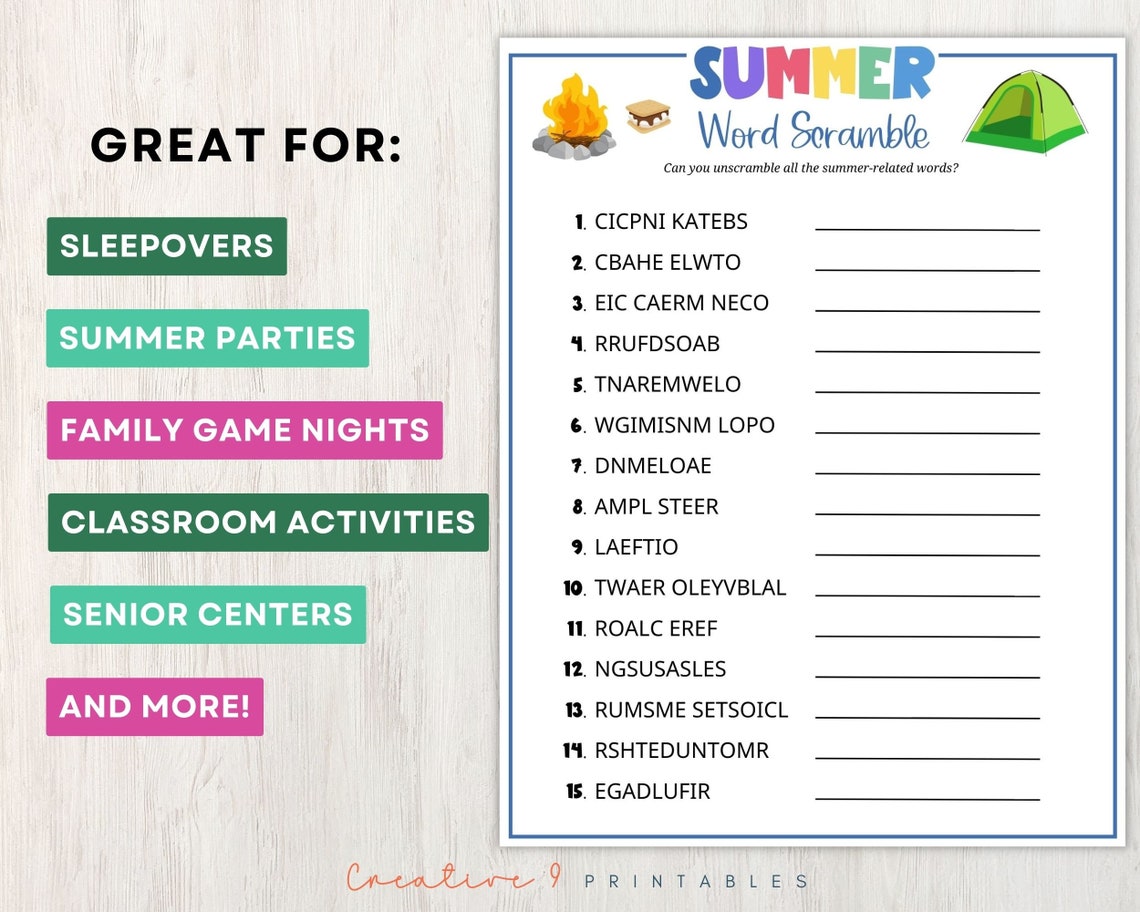Summer Word Scramble Printable Game for Kids and Adults W/ Answers, 15 ...