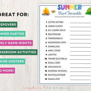 Summer Word Scramble Printable Game for Kids and Adults W/ Answers, 15 ...