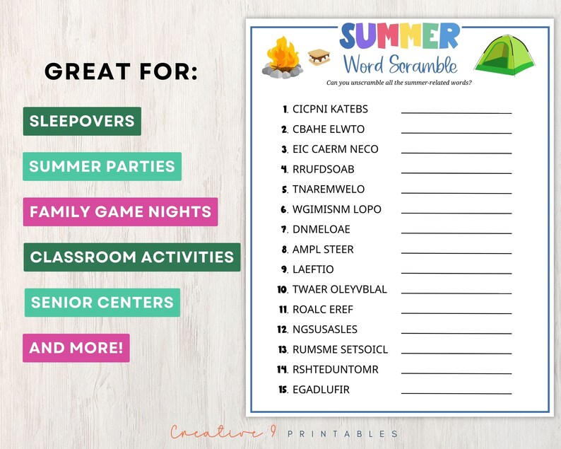 Summer Word Scramble Printable Game for Kids and Adults W/ Answers, 15 ...