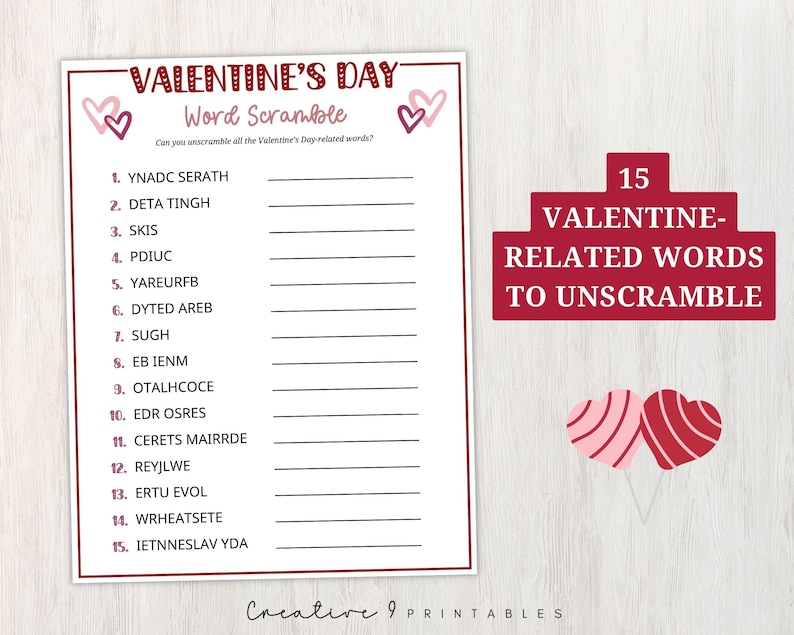 Printable Valentine Word Scramble Game for Kids and Adults, 15 ...