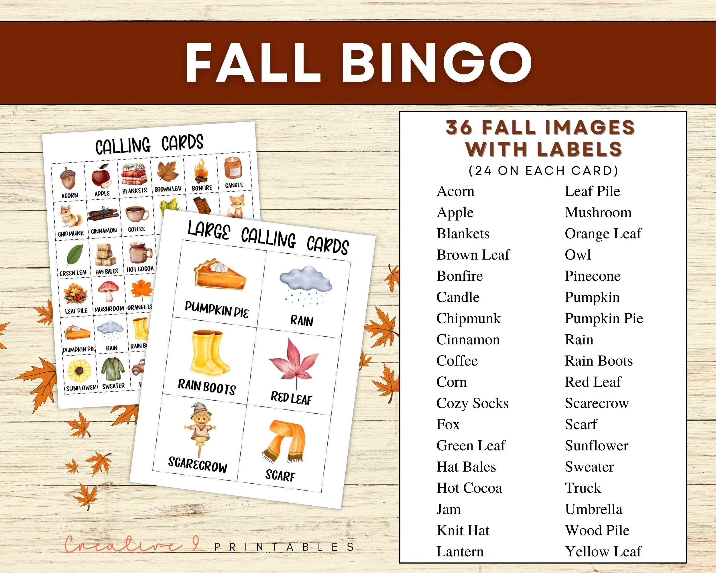 Printable Fall Bingo, 30 Fall Bingo Cards, Fall Party Game, Bingo Game ...