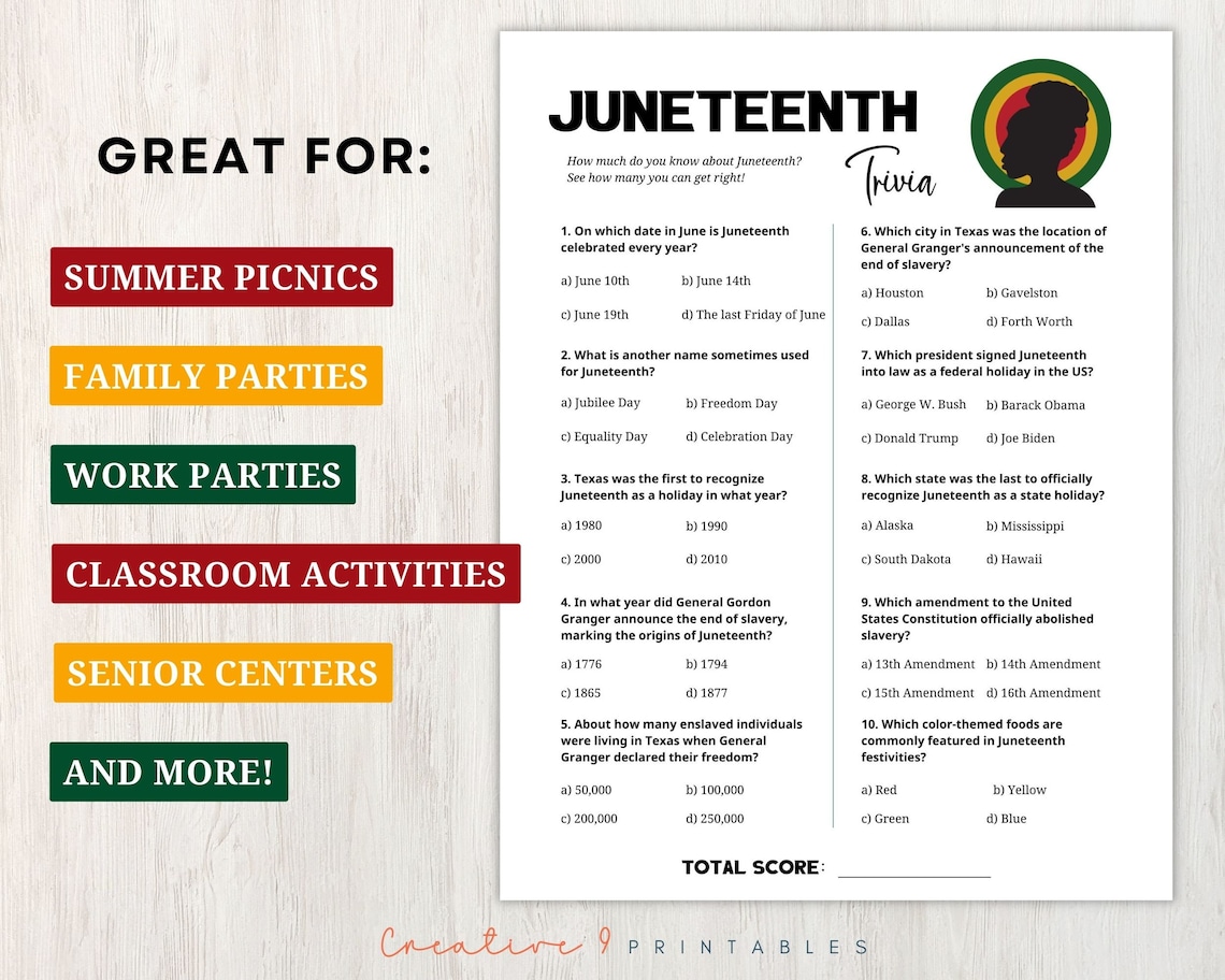 Juneteenth Trivia Game Printable for Kids and Adults, 10 Juneteenth ...