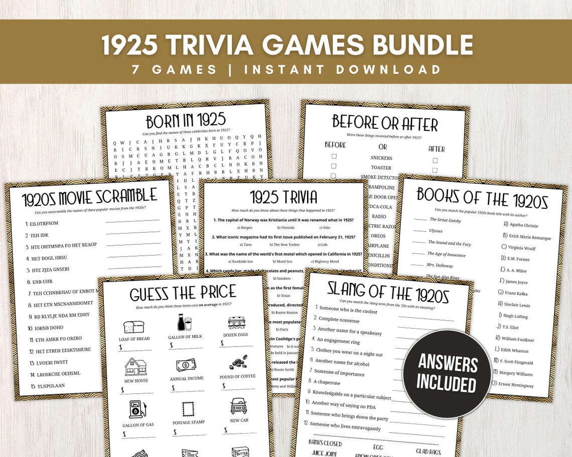 1925 Trivia Game Bundle for Adults, Printable 101st Birthday or ...
