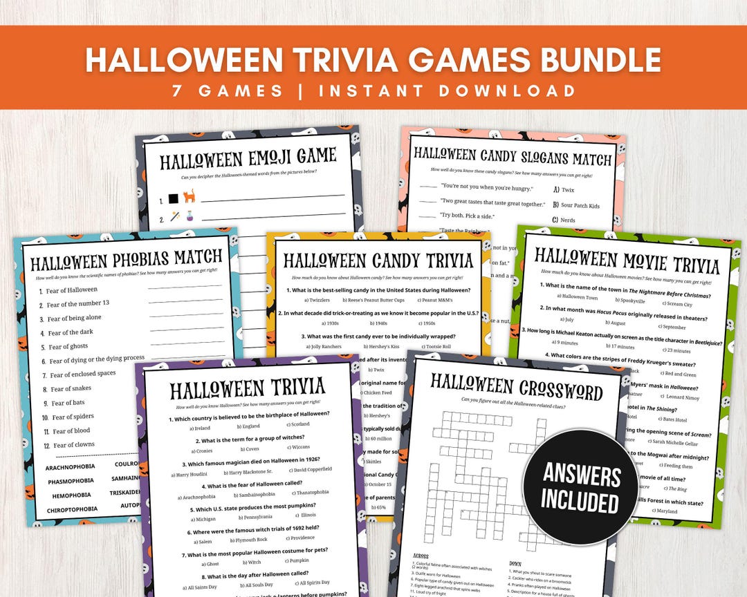 Halloween Trivia Game Bundle for Adults, Teens, and Kids, 7 Printable ...