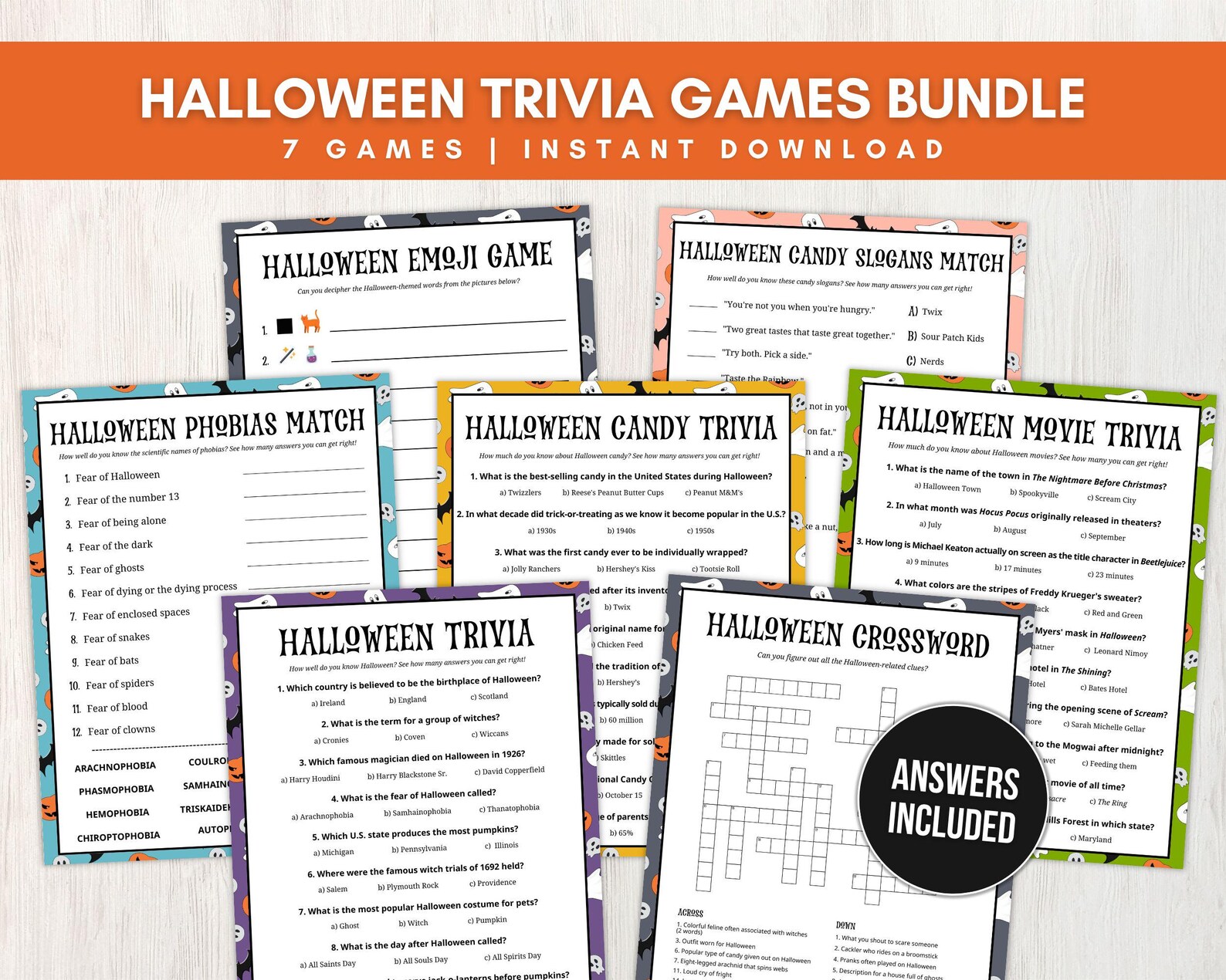 Halloween Trivia Game Bundle for Adults, Teens, and Kids, 7 Printable ...