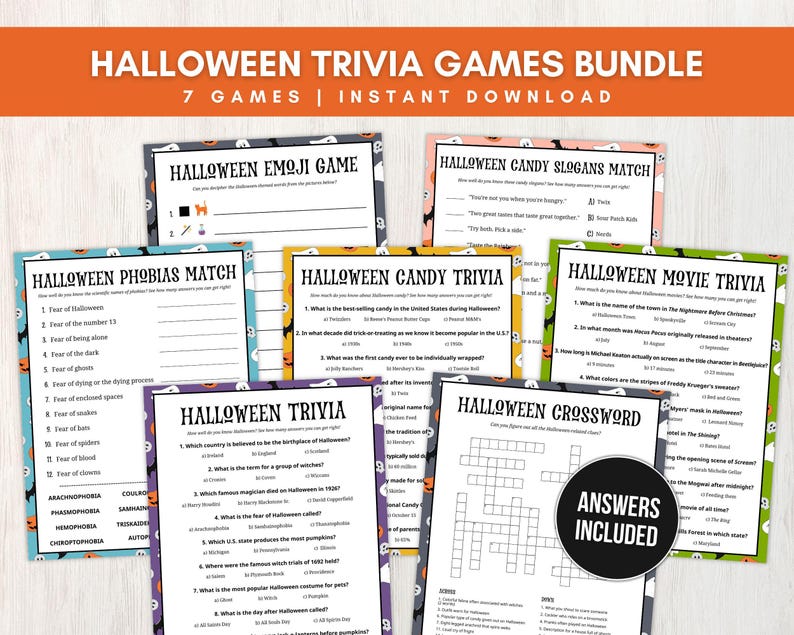 Halloween Trivia Game Bundle for Adults, Teens, and Kids, 7 Printable ...