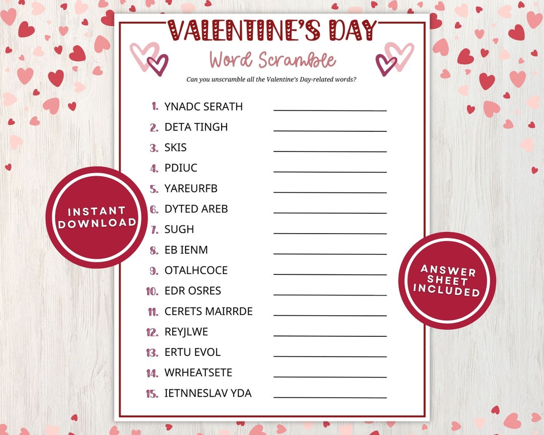 Printable Valentine Word Scramble Game for Kids and Adults, 15 ...