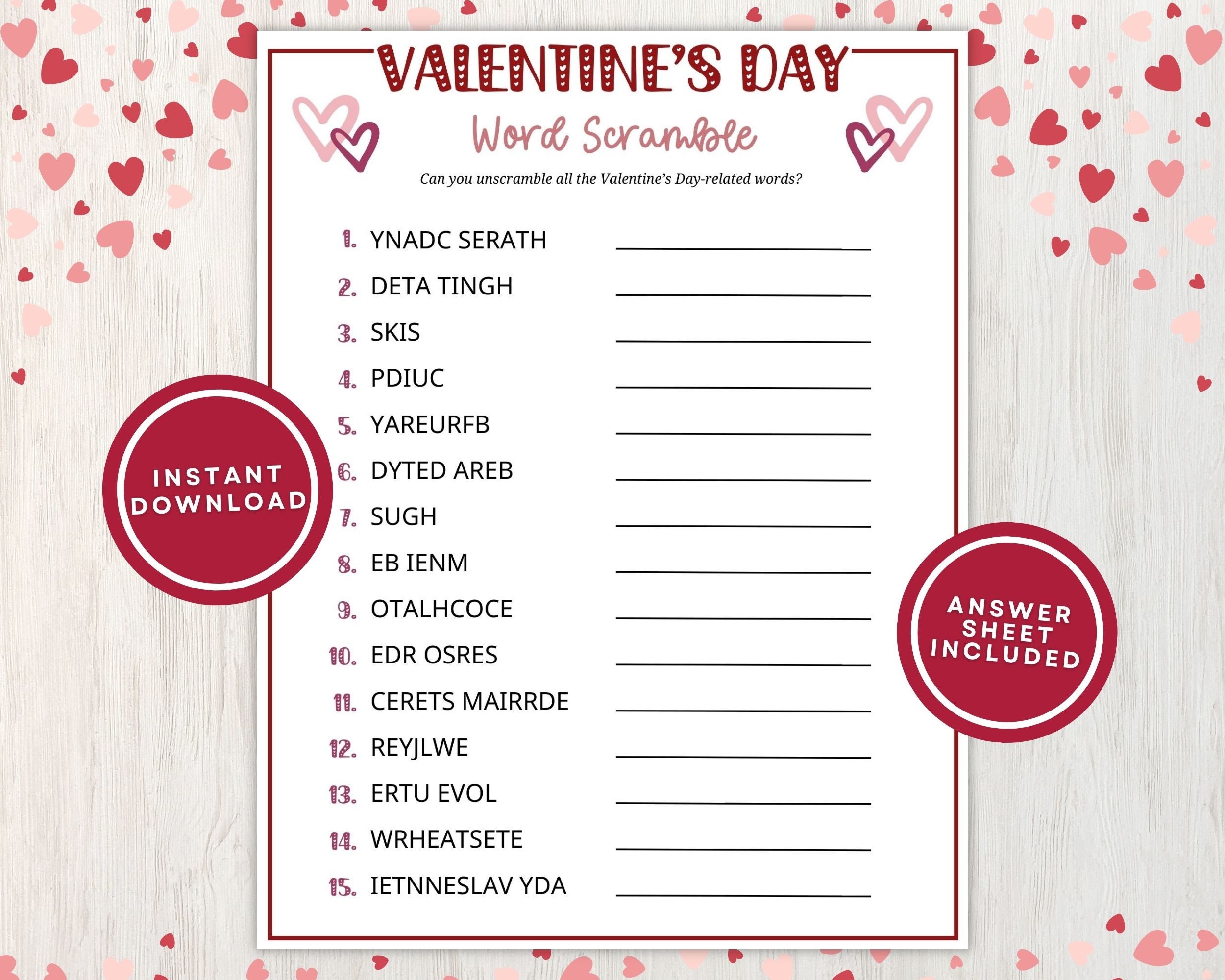 Printable Valentine Word Scramble Game for Kids and Adults, 15 ...